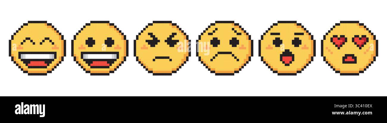 Cute pixel emoticons. Set of Emoji. Smile icons. Pixel art vector ...