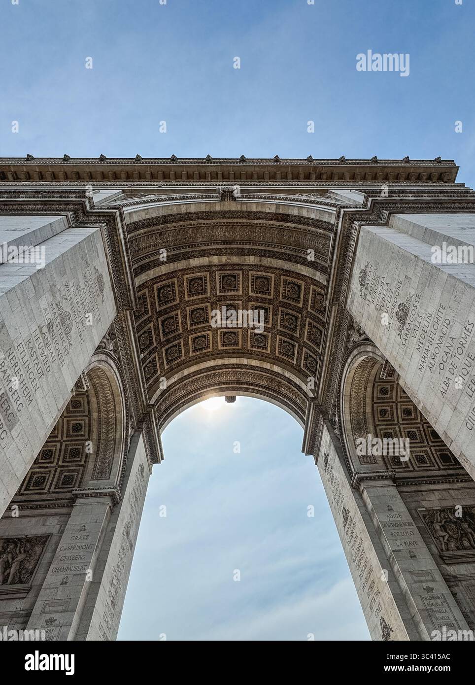 Ground view of carvings inside arch of the Arc de Triomphe in Paris ...