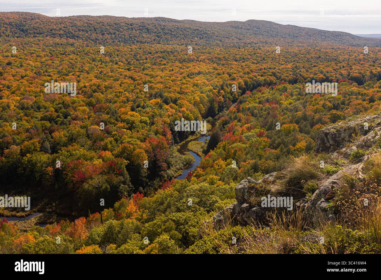 Winding river through dense autumn forest viewed from rocky ledge Stock ...