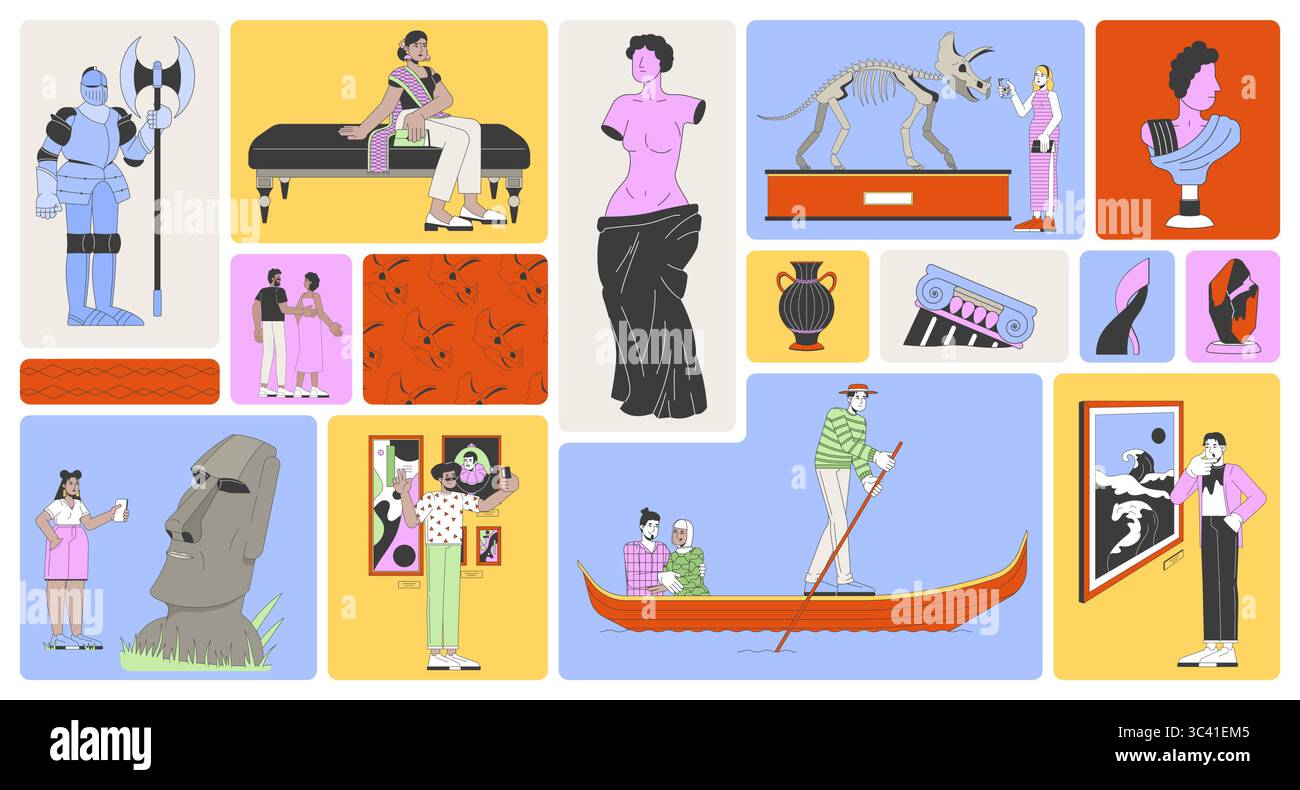 Art, history and tourists in museum bento grid illustration set Stock ...
