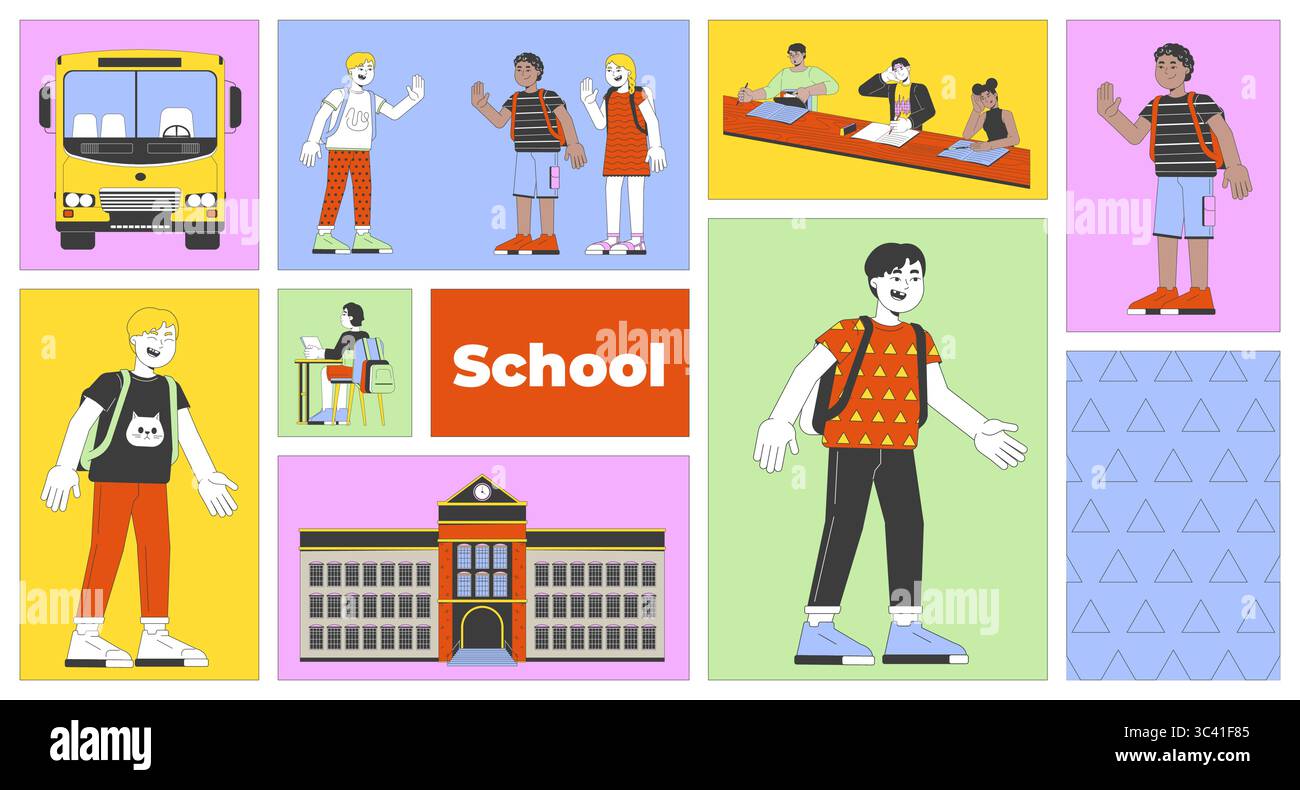 Children going to school and engaging in learning bento grid illustration set Stock Vector Image ...