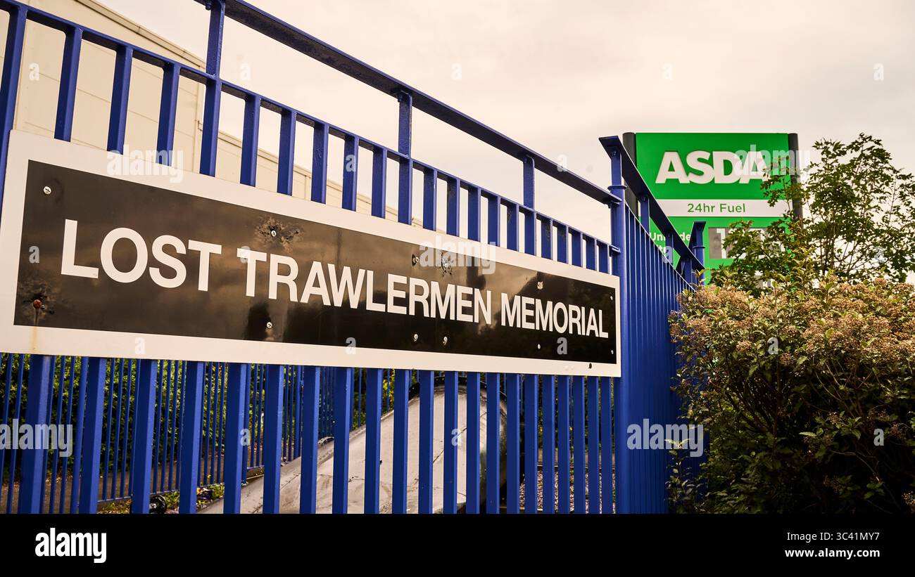Lost trawlermen memorial and Asda sign in Fleetwood,UK Stock Photo - Alamy