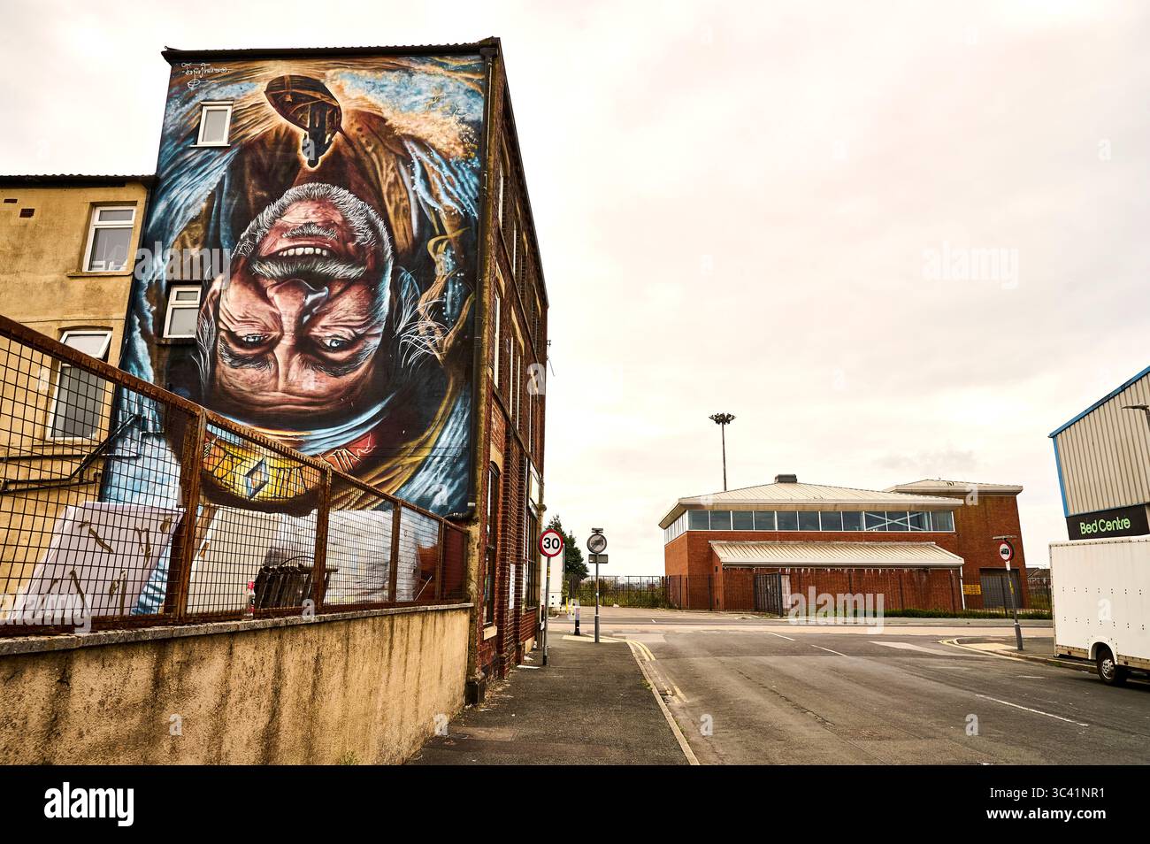 The inverted trawlerman mural on Dock Road,Fleetwood,UK Stock Photo - Alamy