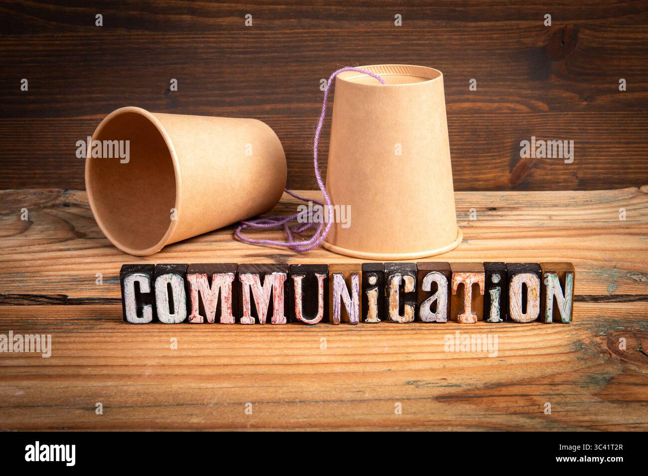 Communication Concept with String Telephone and Wooden Letter Blocks on ...