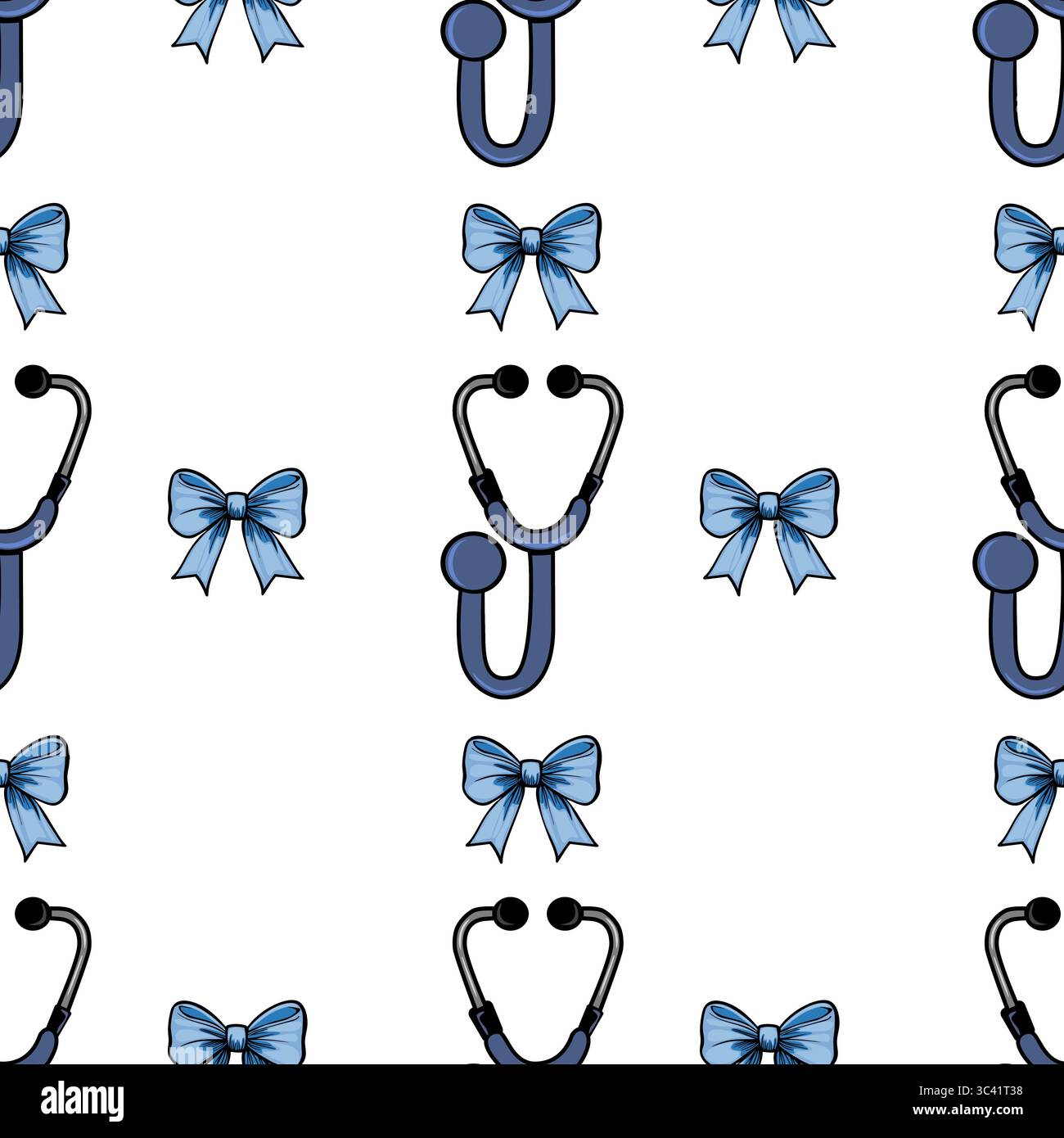 A vector repeating pattern featuring stethoscopes and blue bows on a ...