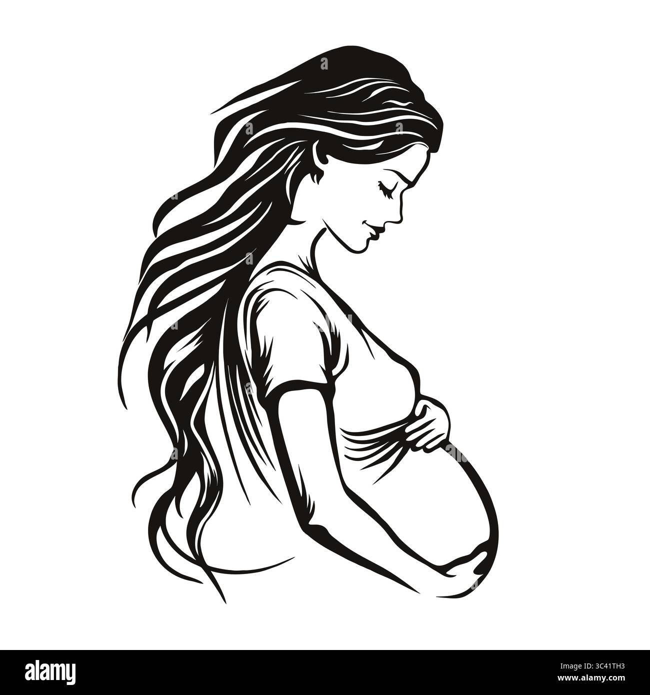 Line art illustration of expecting mother with heartbeat symbol ...