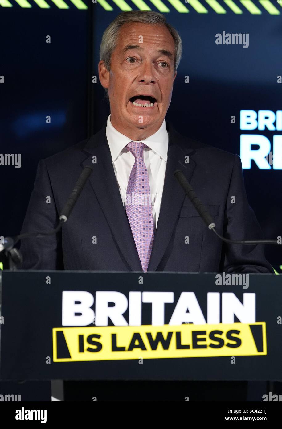 Reform UK party leader Nigel Farage speaking during a press conference ...