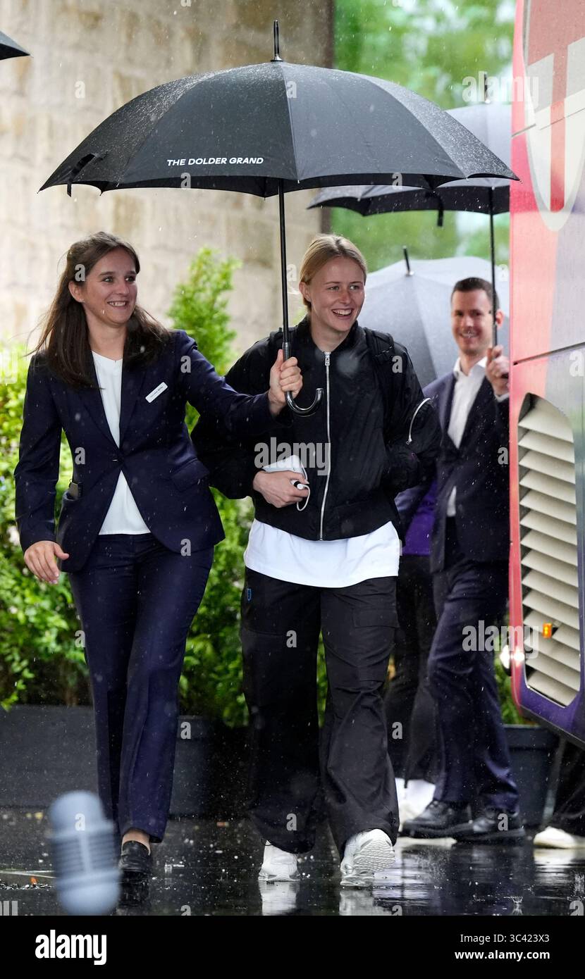 England goalkeeper Hannah Hampton (right) leaving the team hotel at The ...