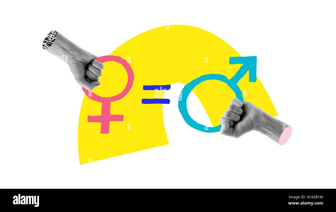 Creative collage of clenched hands holding gender symbols and equality ...