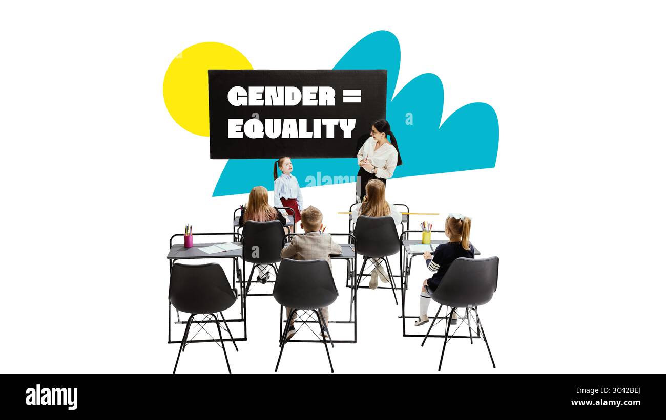 Contemporary collage of teacher and students in classroom, learning ...