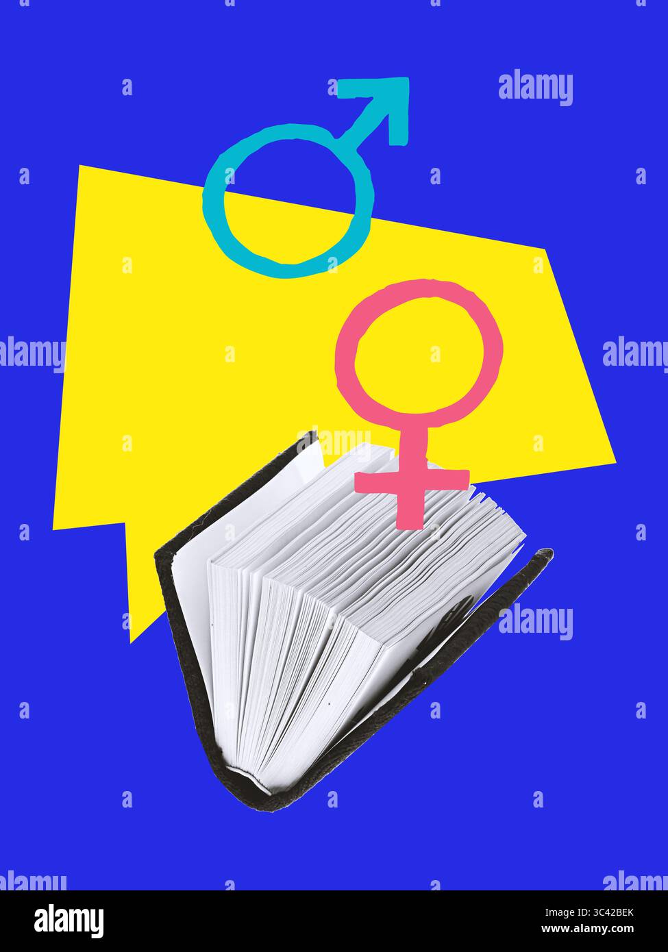 Bright collage of open book with colorful male and female gender ...
