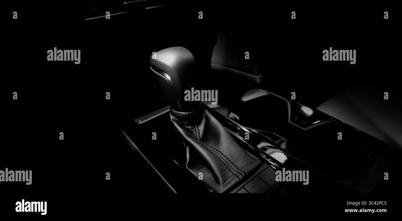 EV Car gear. Close up of modern automatic car gear shifters in luxury ...