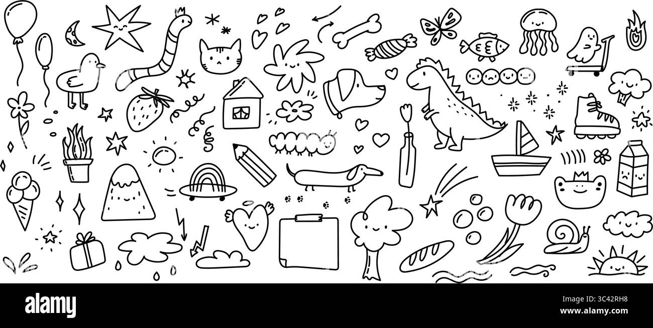 Hand drawn doodle outline elements set in kids scribble style. Trendy ...
