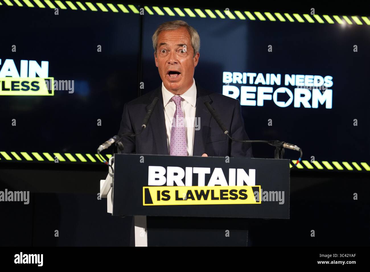 Reform UK party leader Nigel Farage speaking during a press conference ...