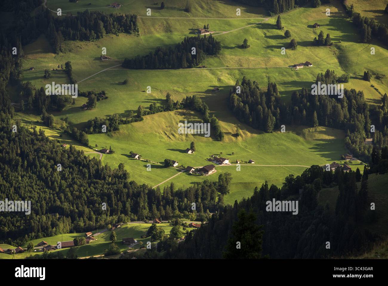An aerial perspective showcases a picturesque Swiss village nestled ...