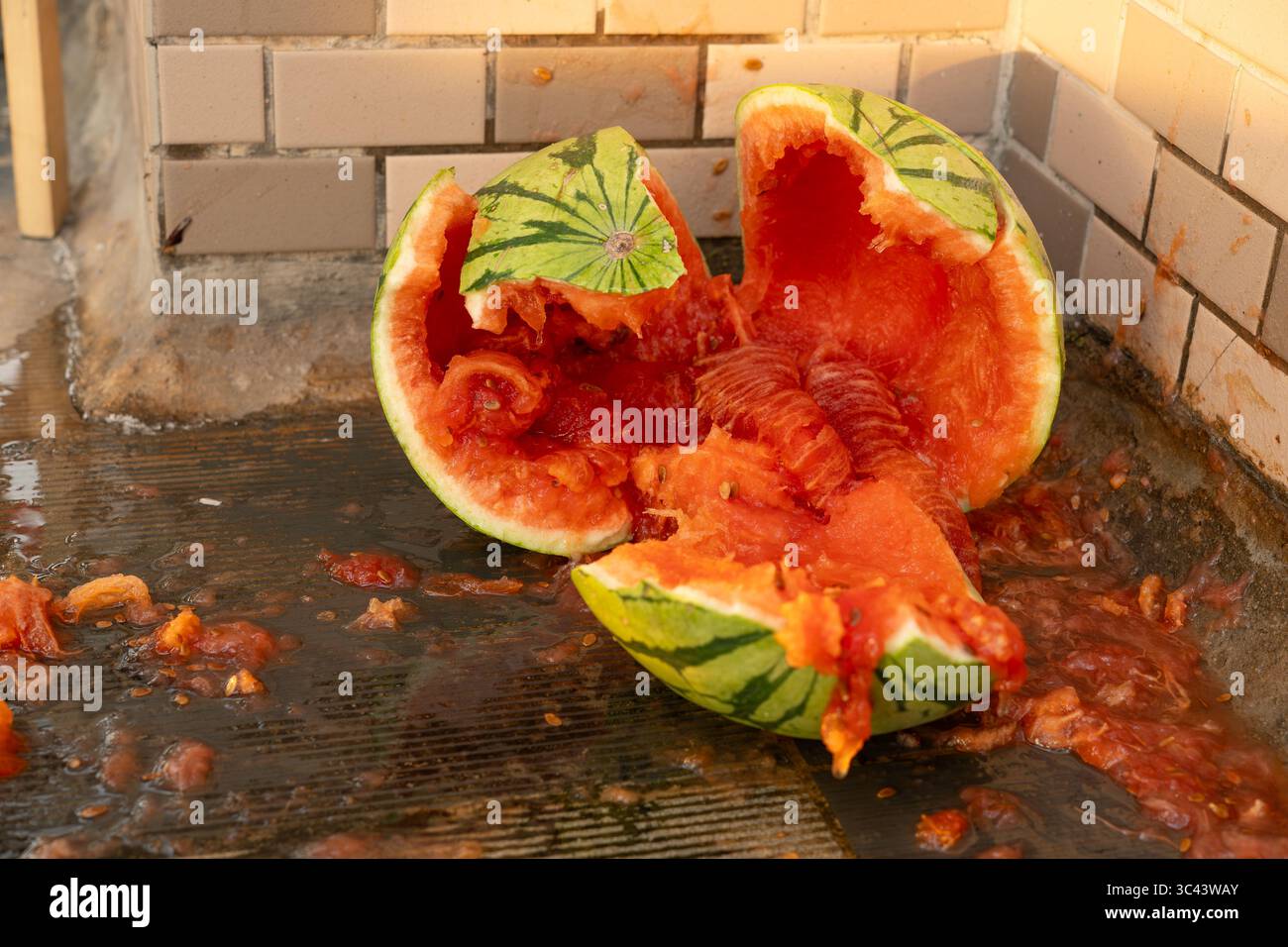 angle view smashed watermelon on the ground at horizontal composition ...