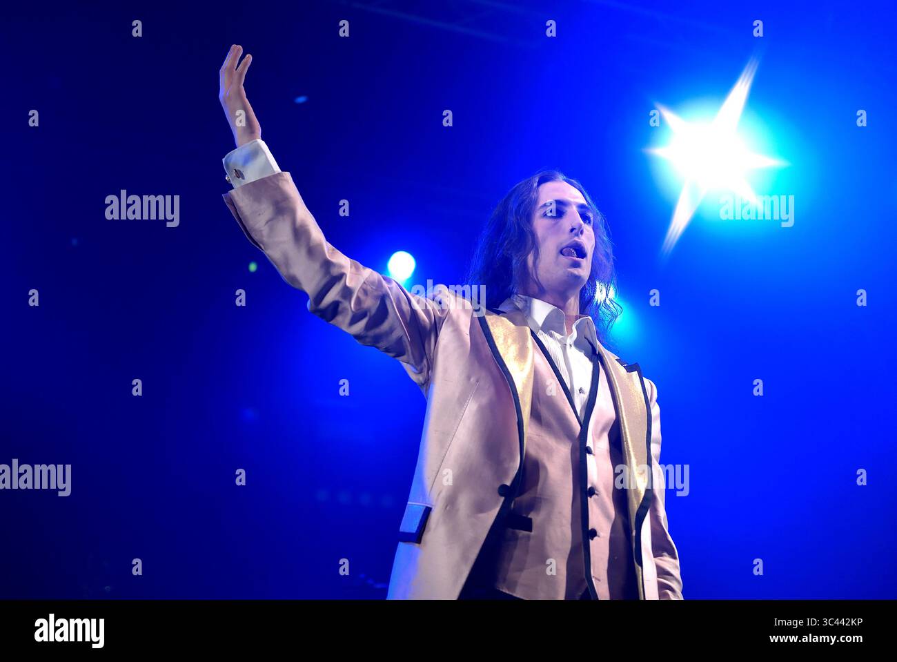 Italian singer Damiano David of Maneskin in concert. The Maneskin have ...