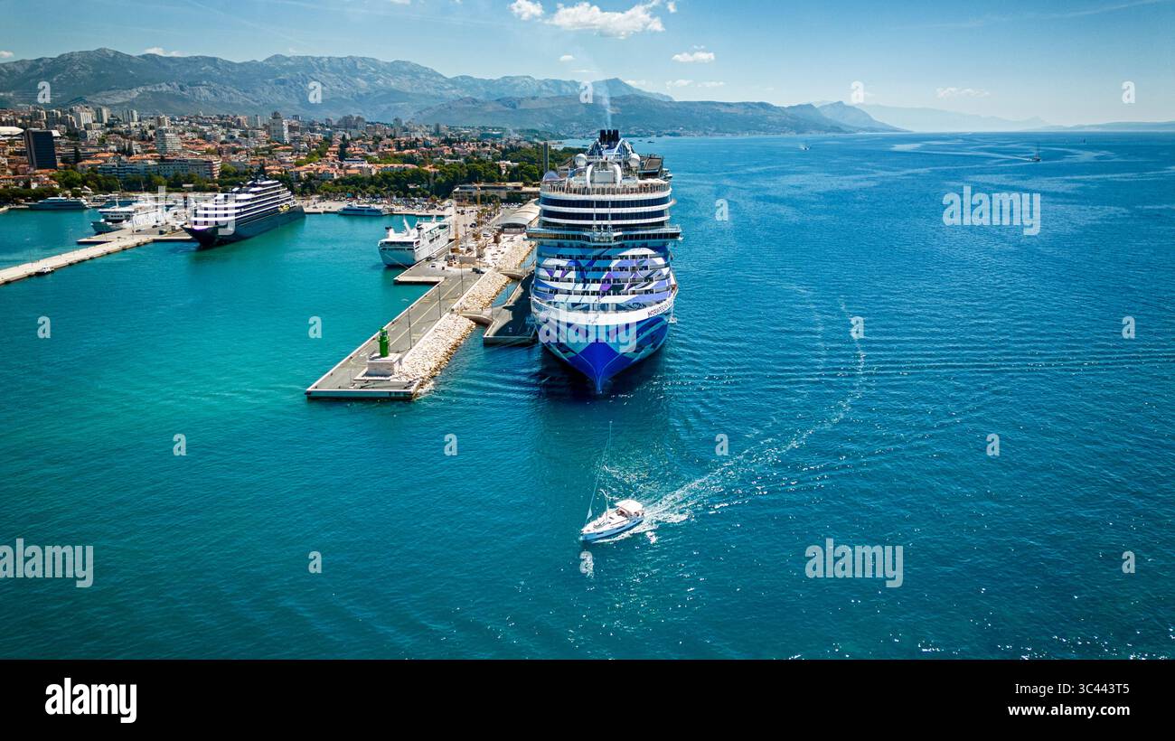 Split, Croatia - 13 July 2024: Aerial view of a vibrant harbor where ...