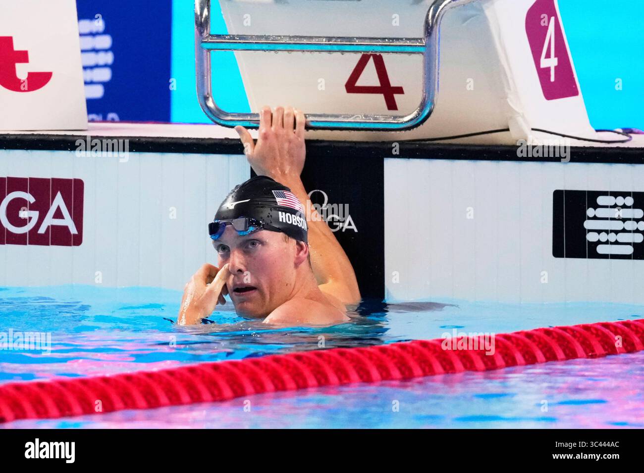 Luke Hobson of the United States reacts after competing in the men's ...