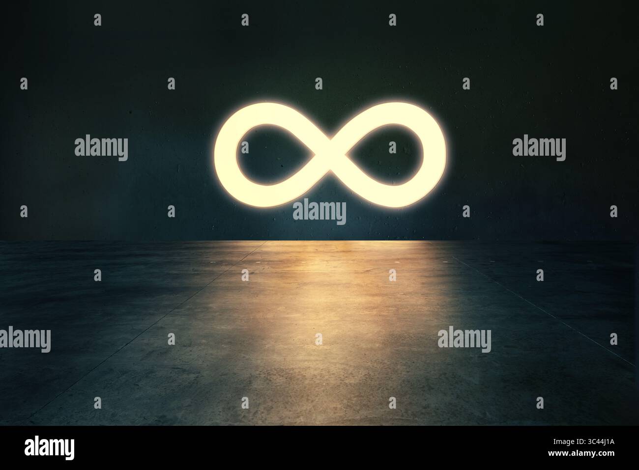 Bright glowing infinity symbol in dark empty room Stock Photo - Alamy