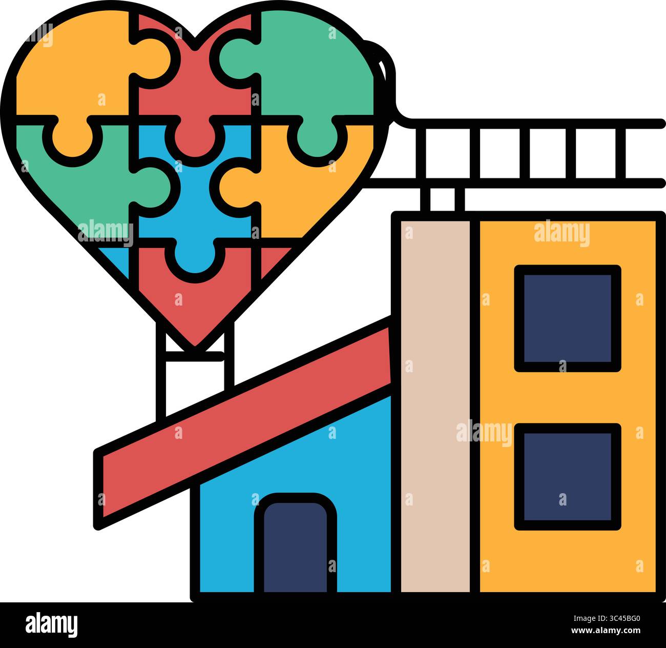 A colorful puzzle piece heart is attached to a ladder, which is above a ...