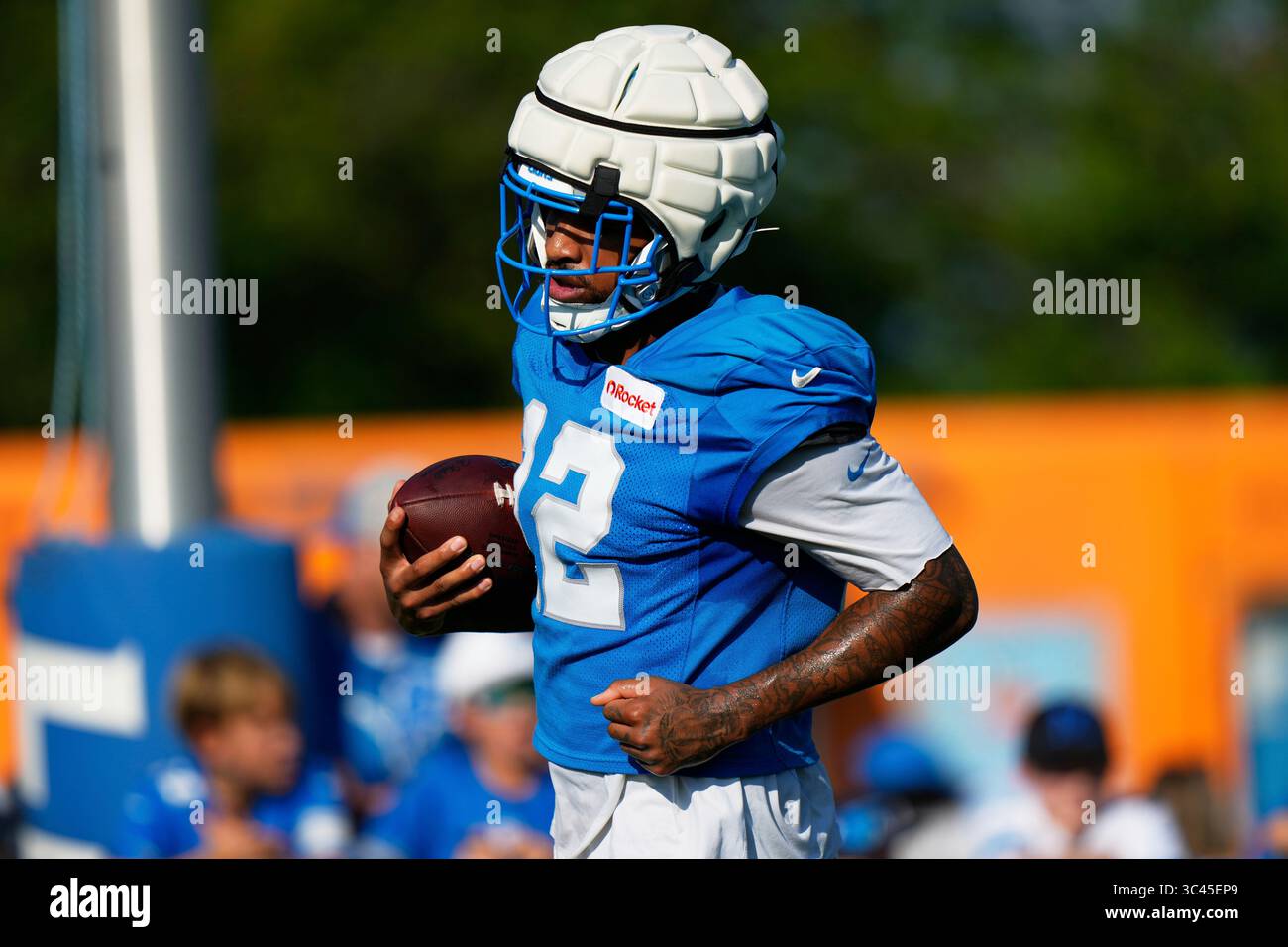 Detroit Lions wide receiver Tim Patrick runs drills during an NFL ...