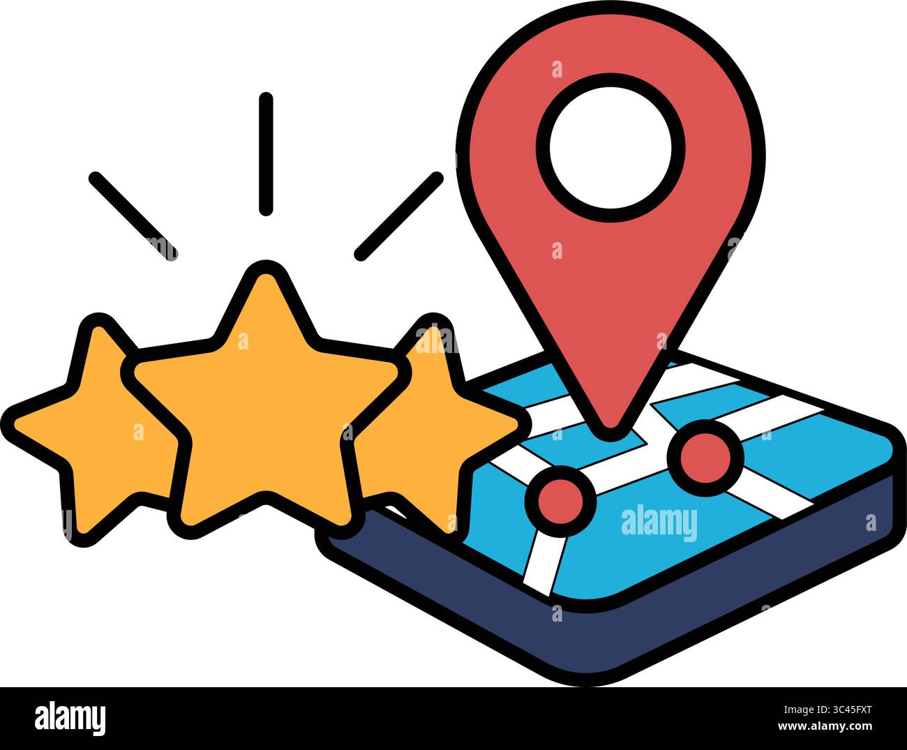 A map with a red star and a red dot on it. The map is on a white ...