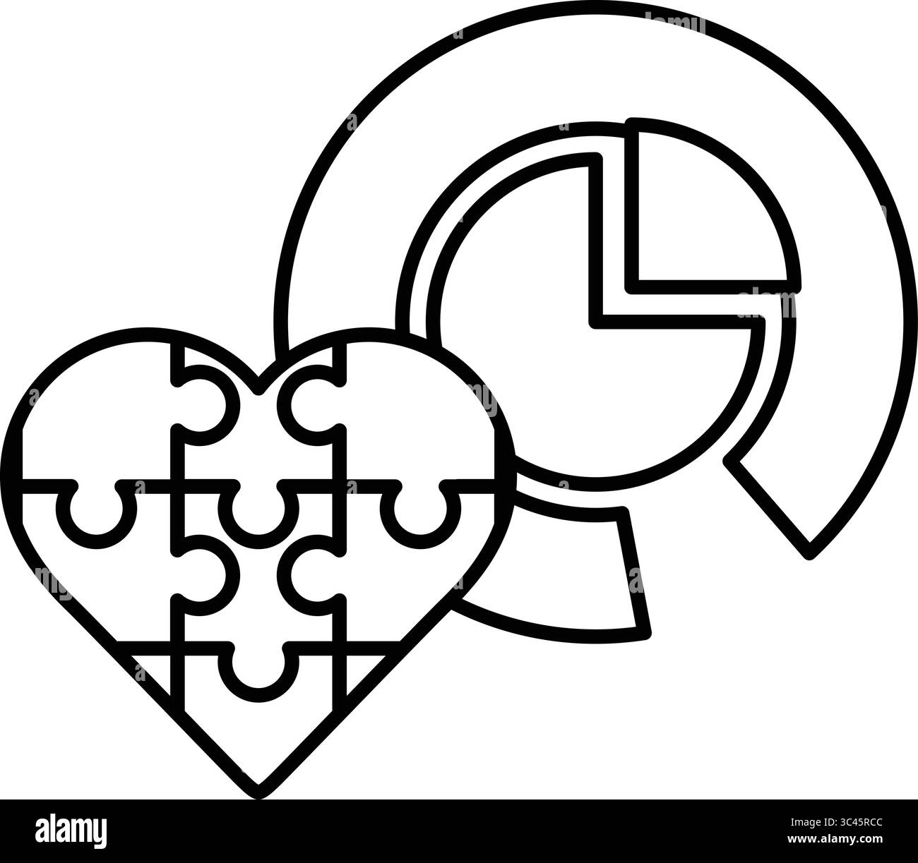 A puzzle piece heart and a pie chart. The pie chart is divided into two ...