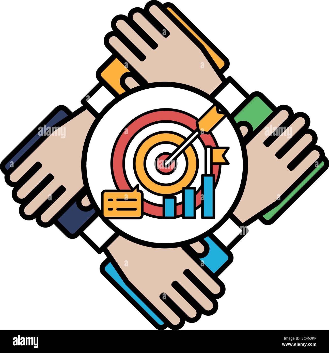 A group of people holding hands around a target with a red arrow ...