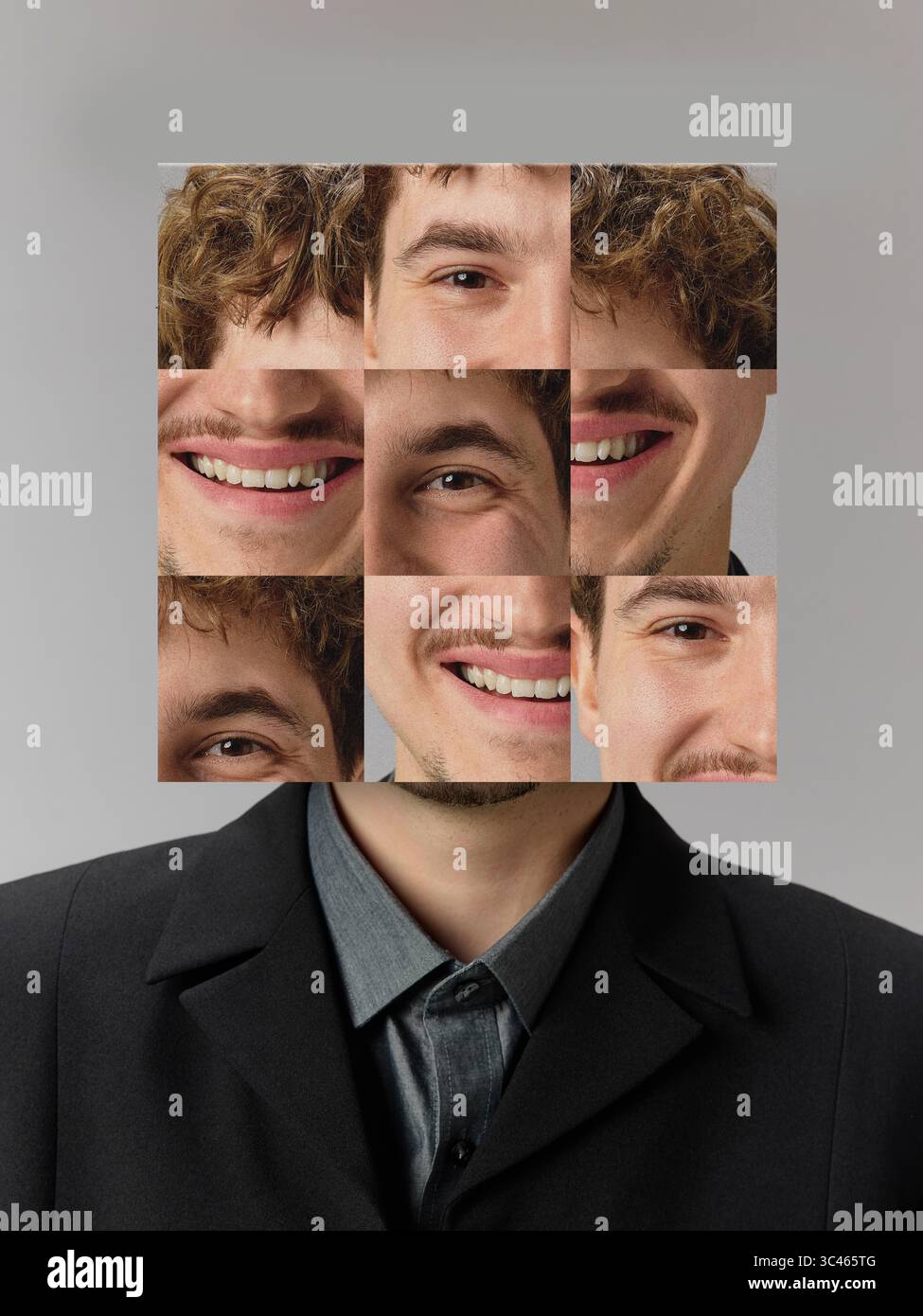 Contemporary collage of male face in suit built from smiling fragments ...