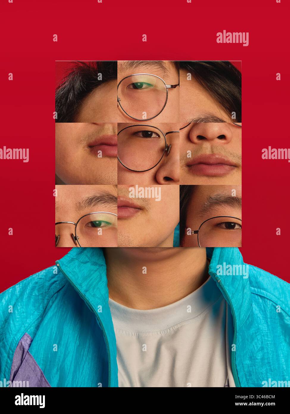 Digital collage of Asian male face split into mismatched squares on red ...