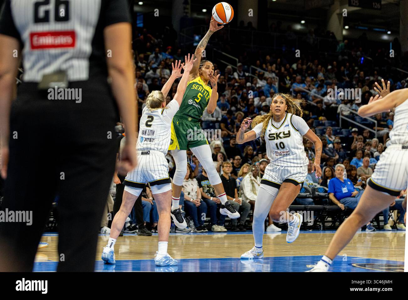 Seattle Storm forward Gabby Williams (5) passes the basketball during ...