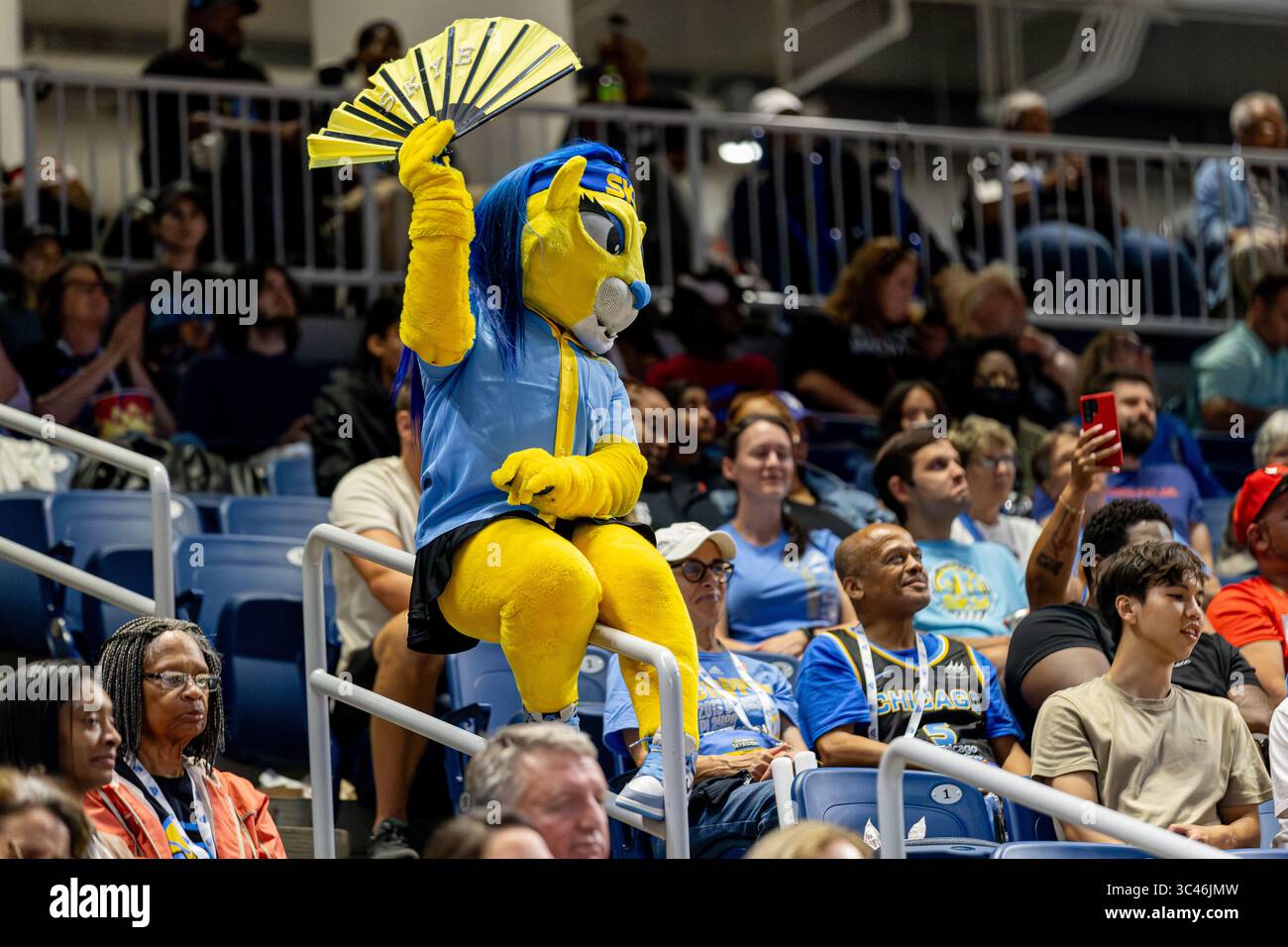 Skye the Lioness cheers with a fan during the WNBA regular season game ...