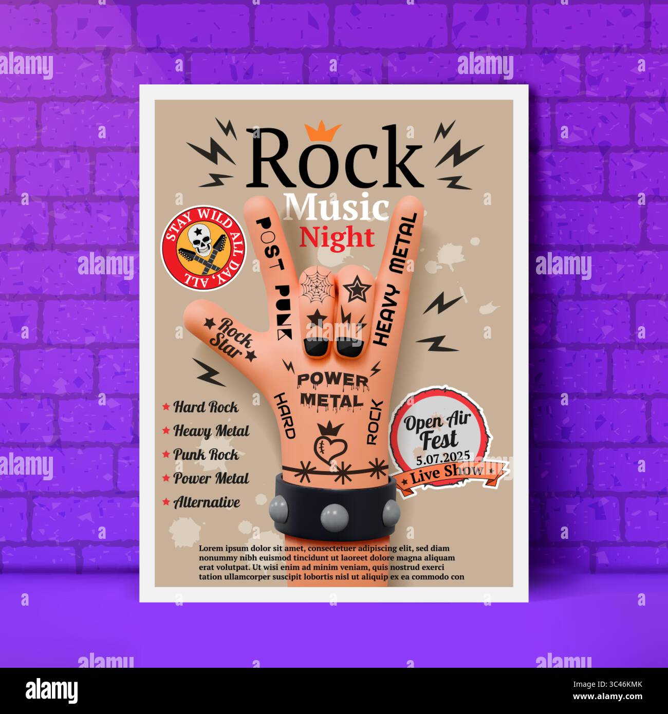 Music band poster. Concert flyer with rocker hand. Typography for punk ...