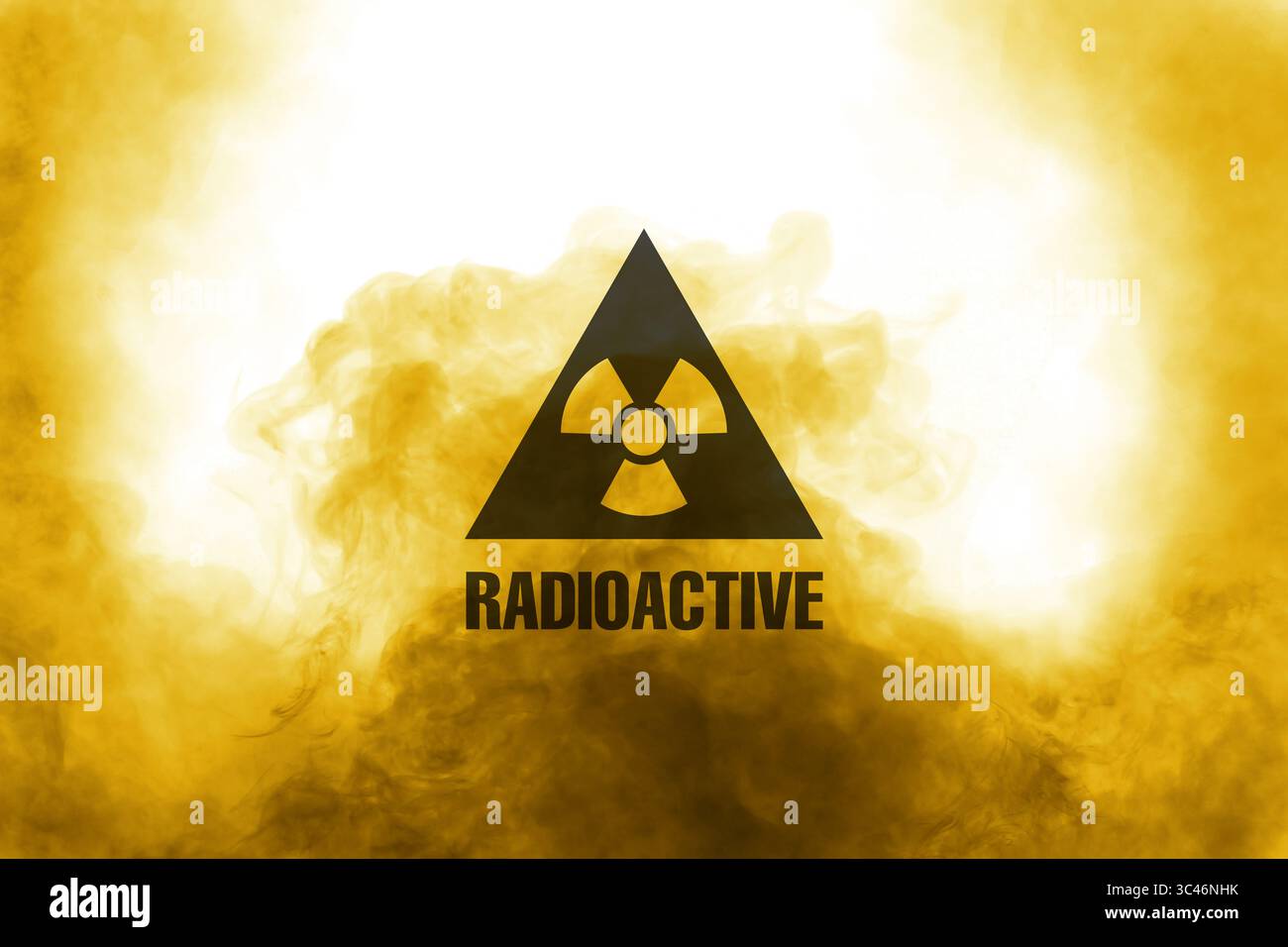 Radioactive sign and yellow toxic smoke against white background Stock ...