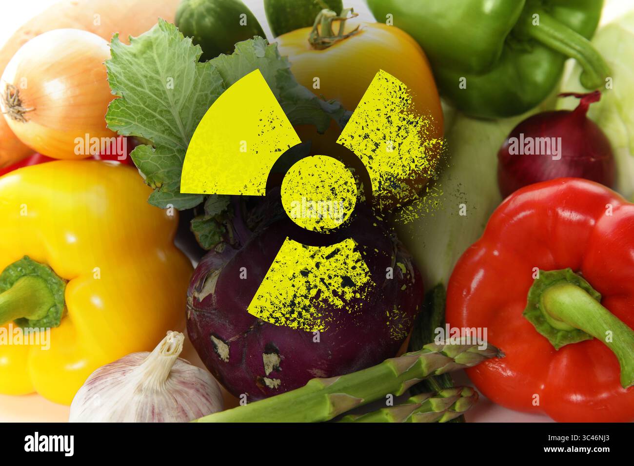 Fresh vegetables and radioactive sign. Environmental contamination ...