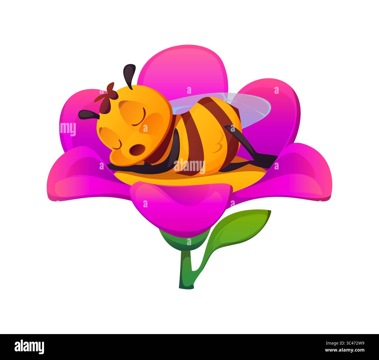 Honey bee sleeping in flower, cartoon character of funny honeybee ...