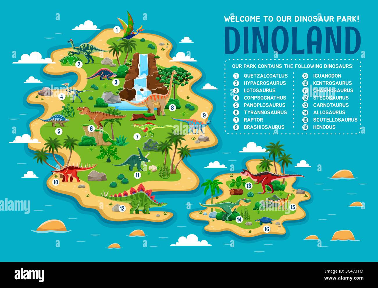 Dino park island map for prehistoric museum or kids paleontology game ...