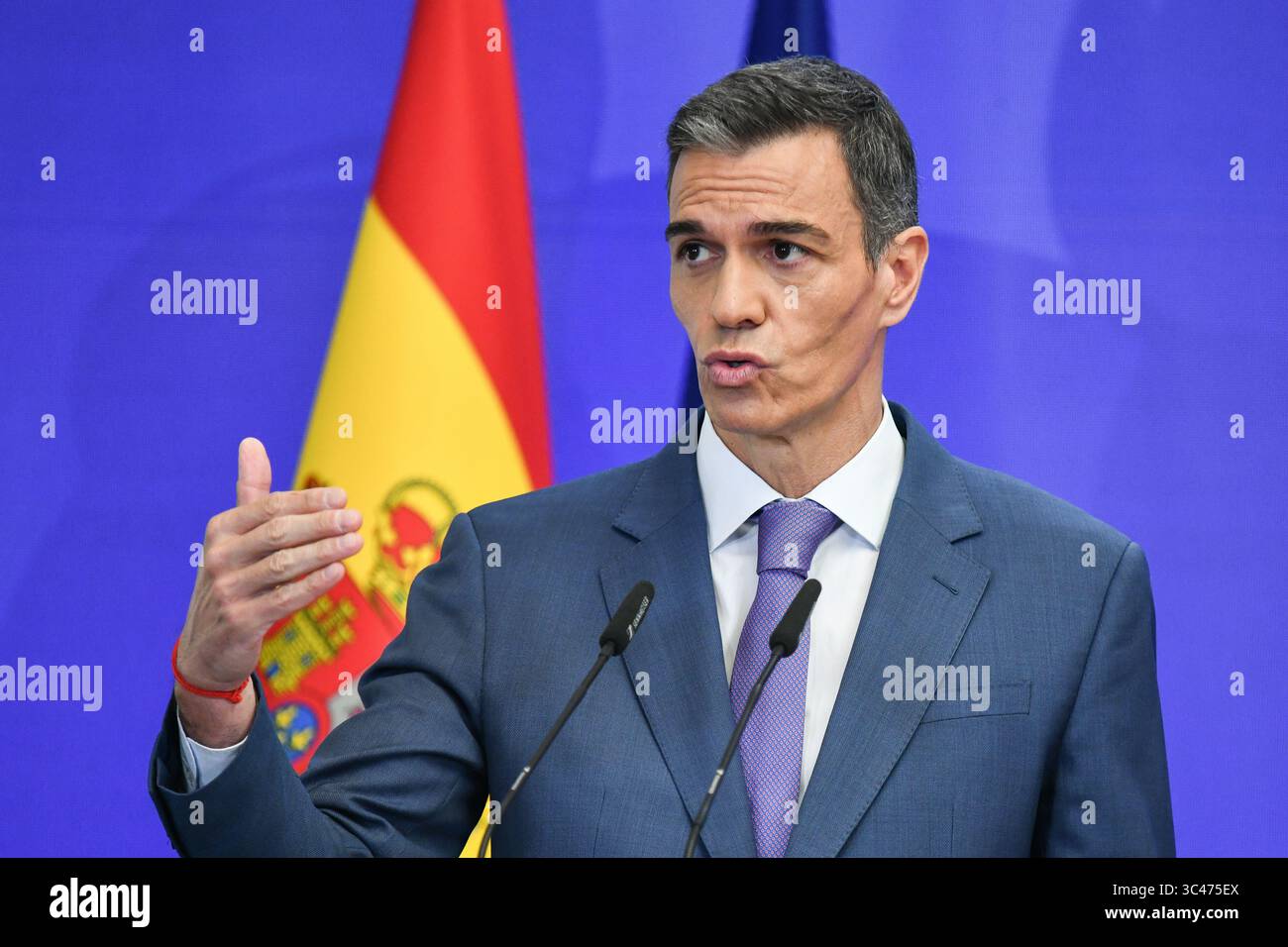 Prime Minister of Spain Pedro Sánchez, appears before the media to take ...
