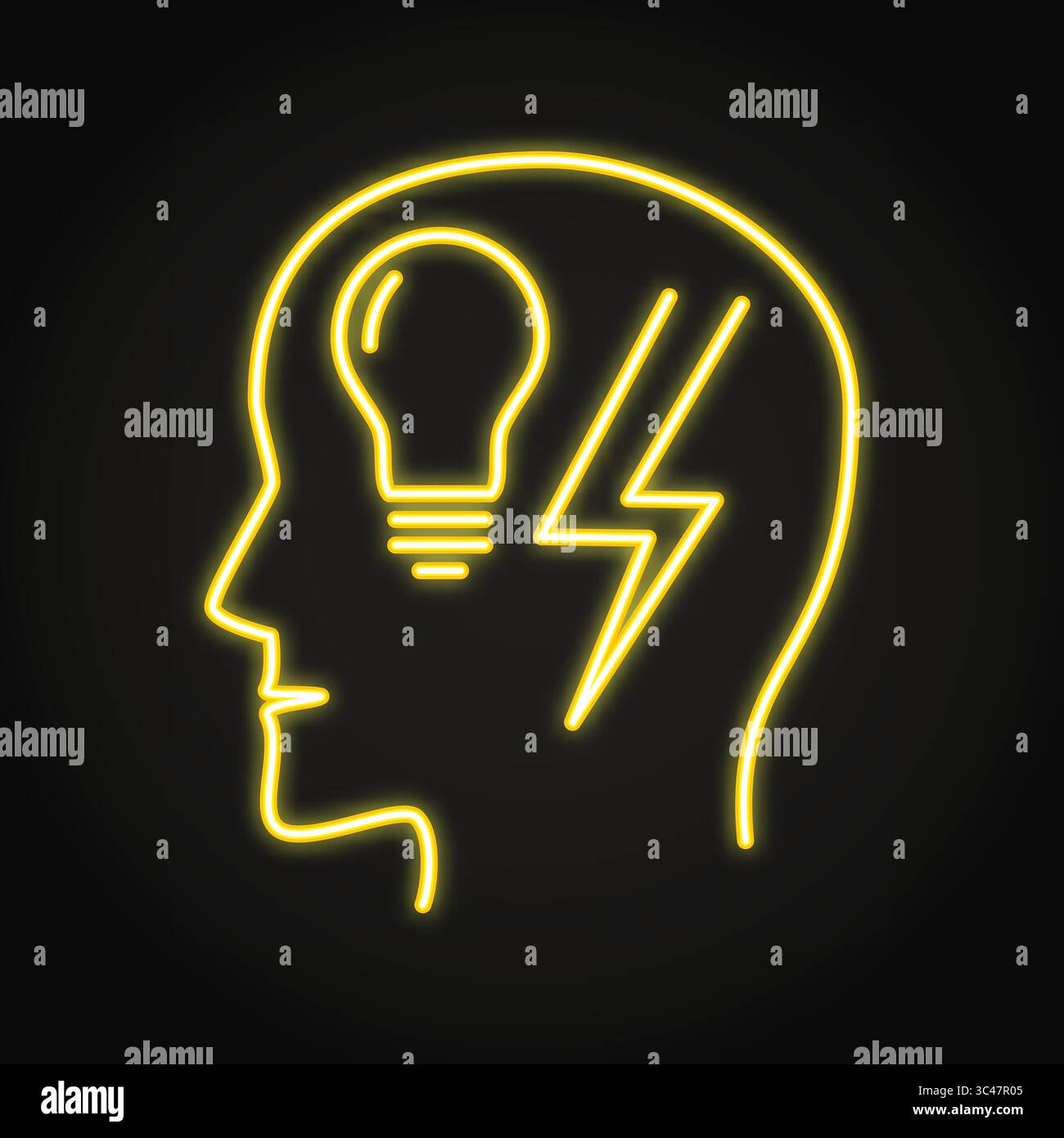 ADHD neon line icon. Head with light bulb and lightning. Attention ...