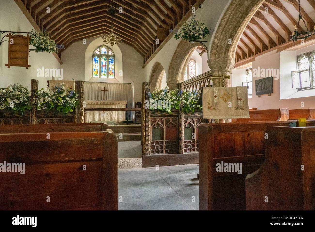 Interior of the church of St Enodoc, near Wadebridge, Cornwall, UK ...