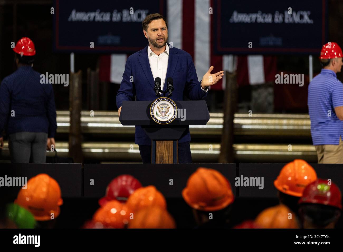 Vice President JD Vance speaks at the Metallus plant, Monday, July 28 ...