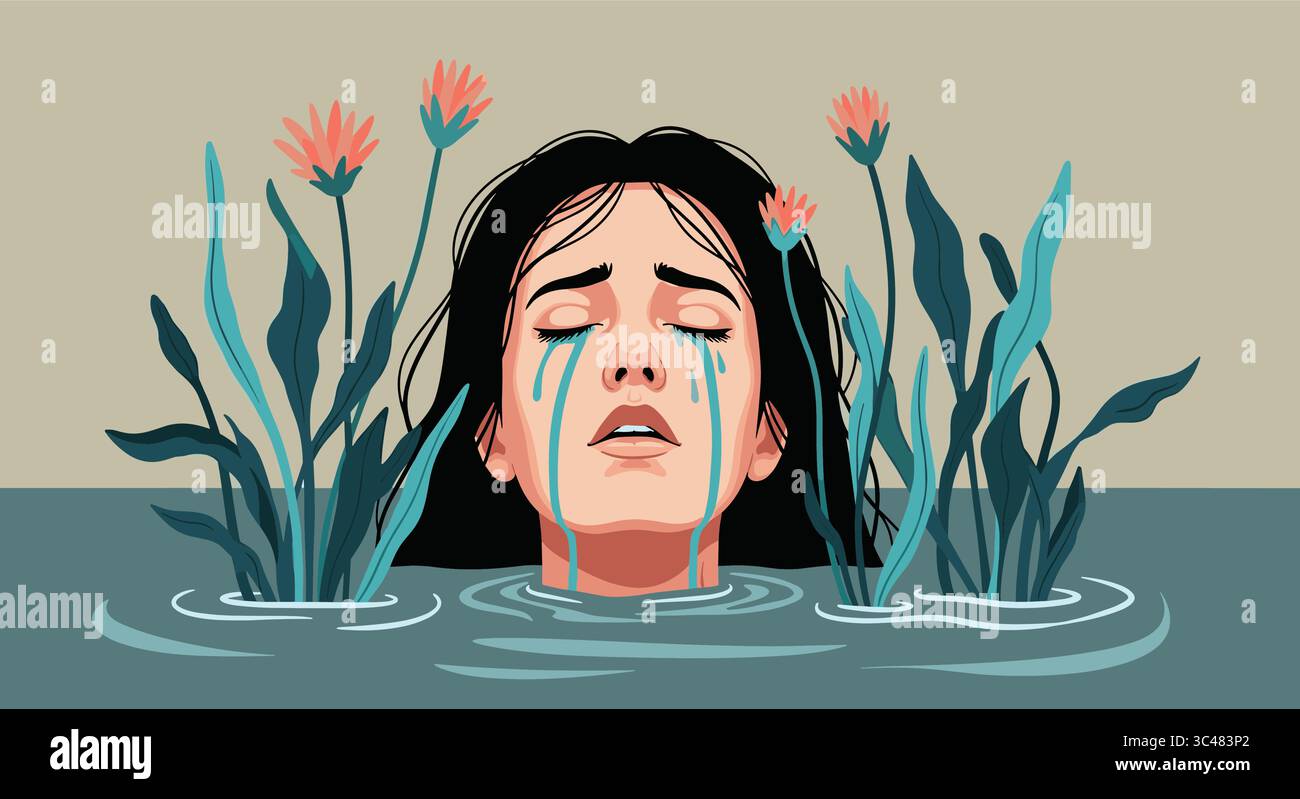 A woman crying in the water surrounded by plants and flowers in a ...