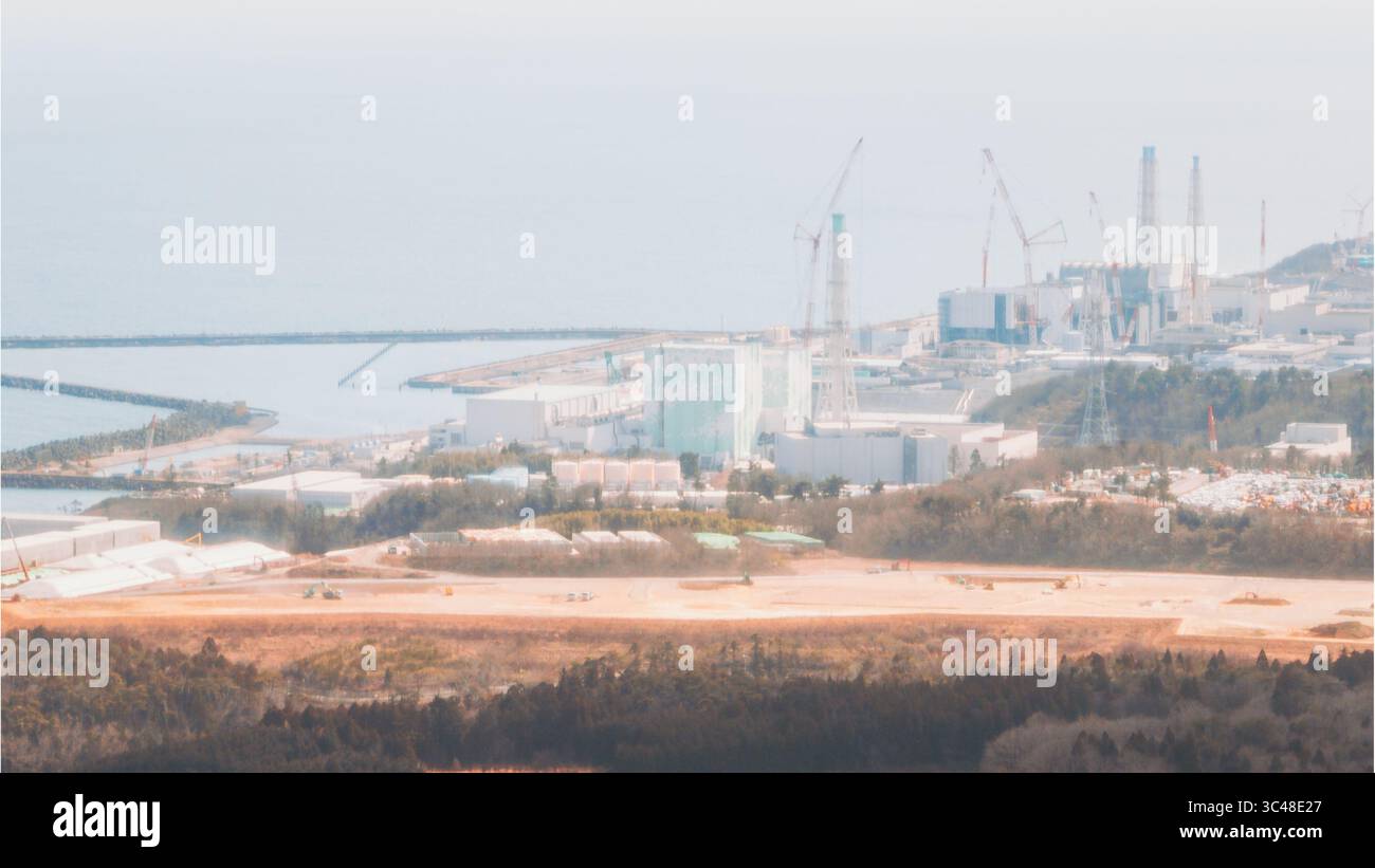 Aerial view of the Fukushima Daiichi Nuclear Power Plant with its stark ...