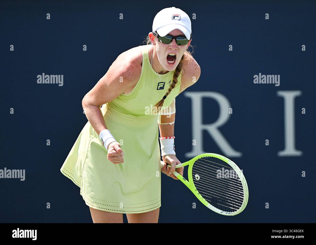 Kayla Cross, of Canada, reacts during her first round match against ...