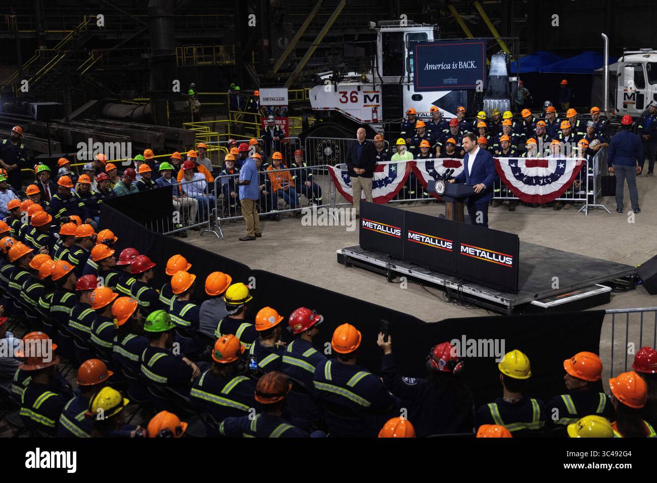 Vice President JD Vance speaks at the Metallus plant in Canton, Ohio ...