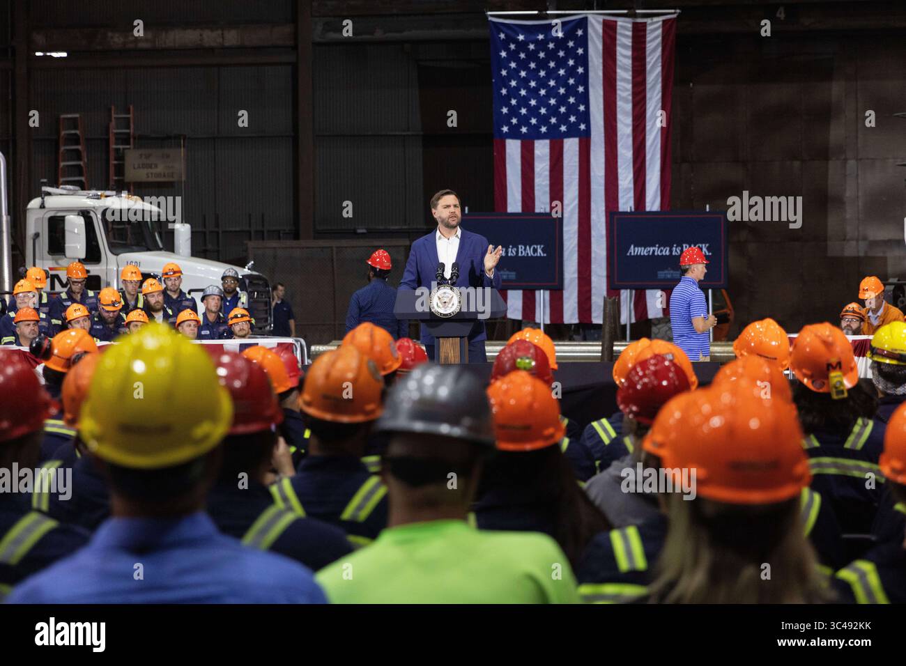 Vice President JD Vance speaks at the Metallus plant in Canton, Ohio ...