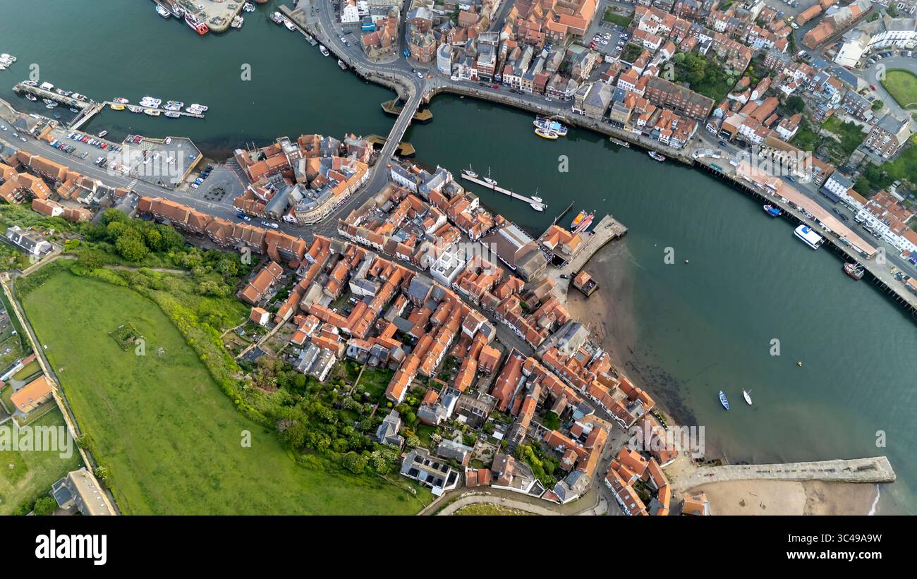 Whitby Old Town from the Air, Whitby, North Yorkshire, England Stock ...