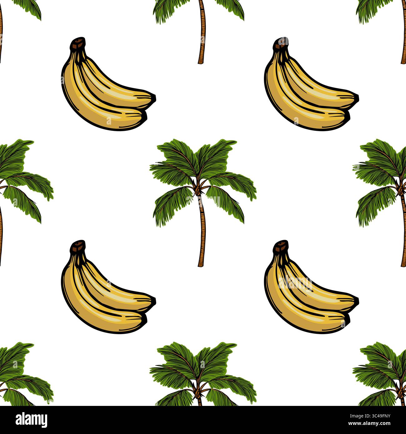 A vector seamless pattern featuring bananas and palm trees on a white ...
