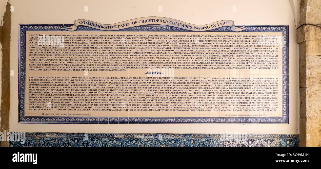 Commemorative Panel Celebrating Christopher Columbus Passing Faro March ...